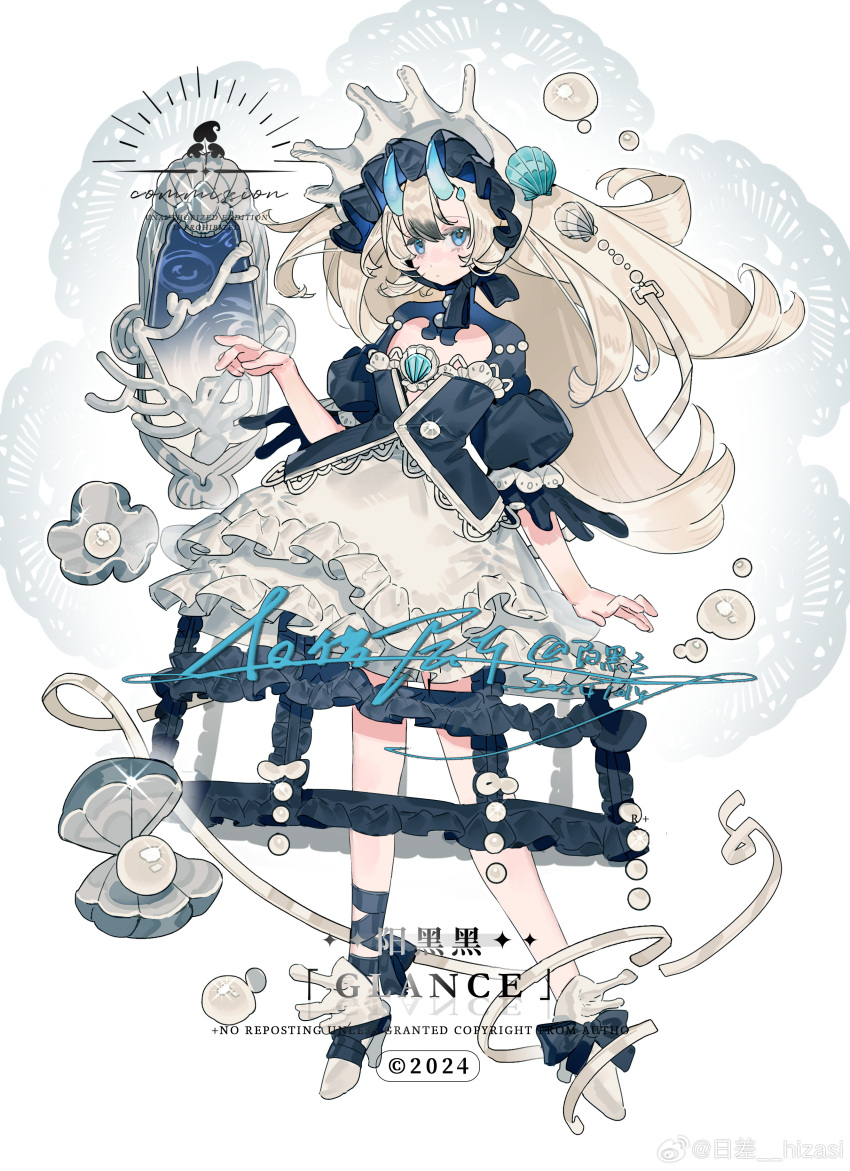 Safebooru - 1girl absurdres black bow blonde hair blue eyes blue flower bow commission dress ...