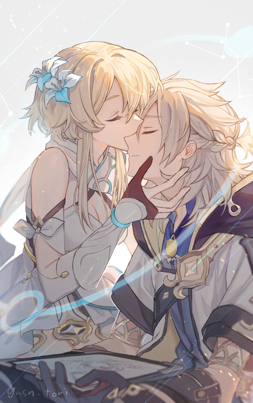 Safebooru - 1boy 1girl albedo (genshin impact) bangs blonde hair braid closed eyes commentary ...