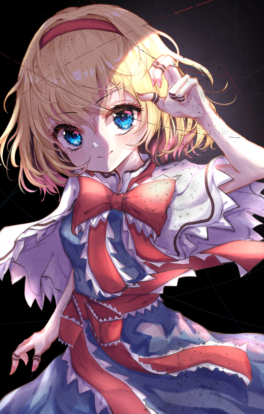 Safebooru - 1girl absurdres alice margatroid black background blonde hair blue dress blue eyes ...