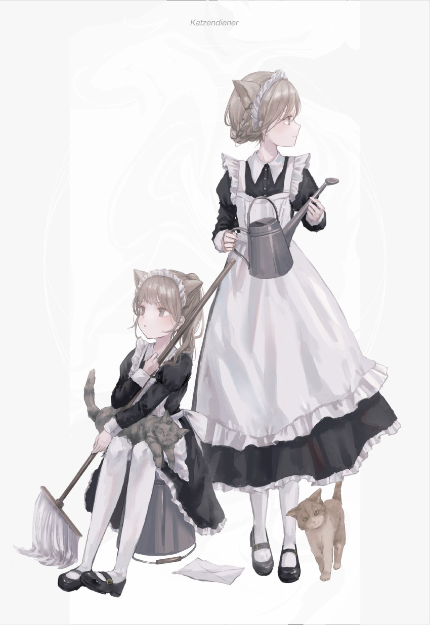 Safebooru - 2girls animal ears animal on lap apron black dress black ...