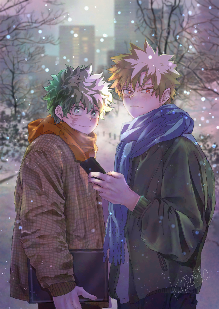 Safebooru - 2boys absurdres arm up bakugou katsuki bare tree black ...