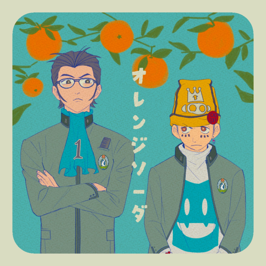 Safebooru - 2boys aqua ascot aqua background ascot badge black hair ...