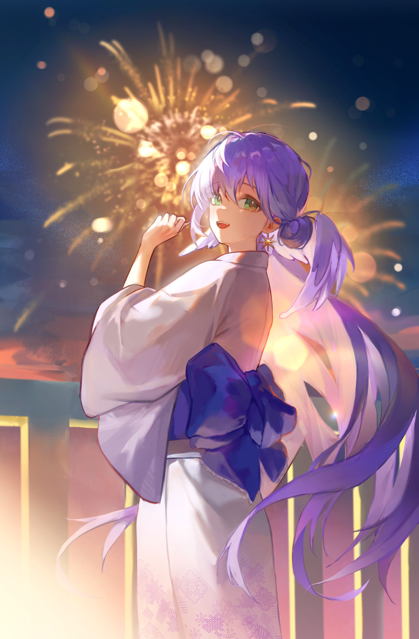 Safebooru - 1girl :d absurdres alternate costume blue hair blue sash ...