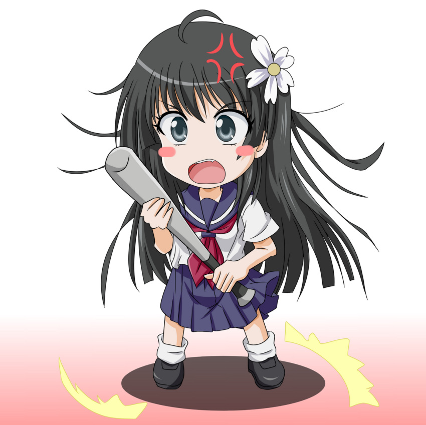 Safebooru - angry baseball bat black eyes black hair blush stickers chibi flower hair flower ...