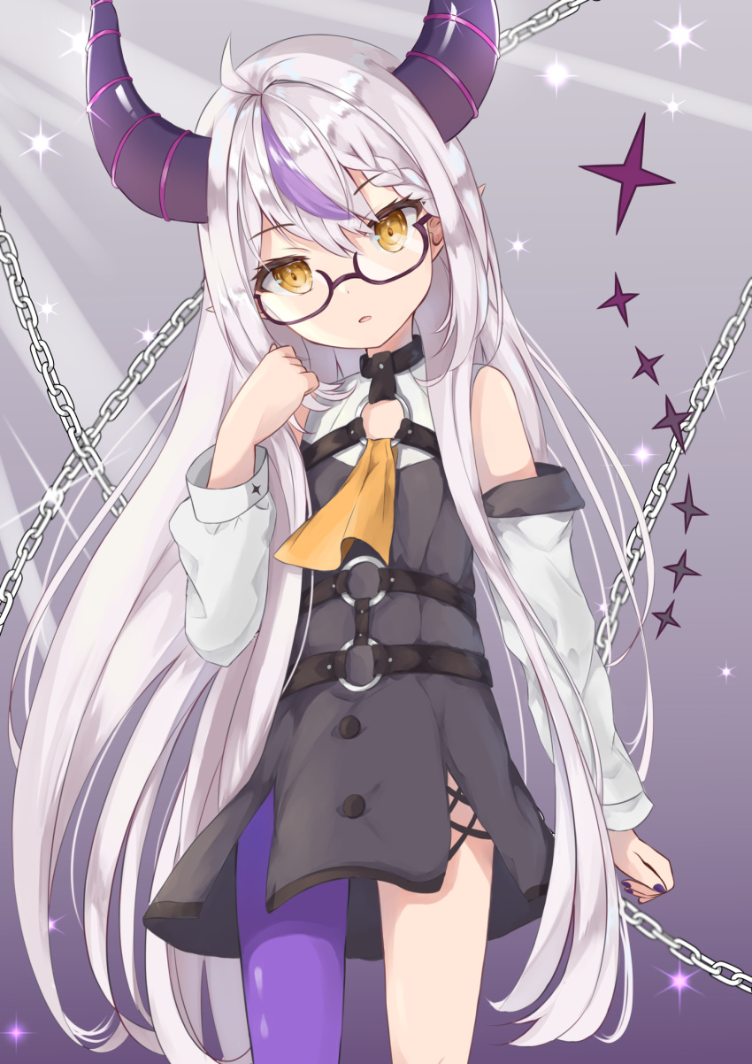Safebooru - 1girl ahoge arm up belt chain demon girl demon horns glasses highres hololive horns ...