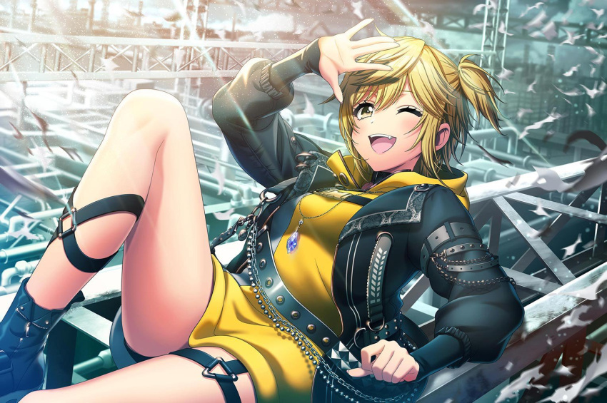 Safebooru - blonde hair blush d4dj dress short hair smile tsukimiyama nagisa wink yellow eyes ...