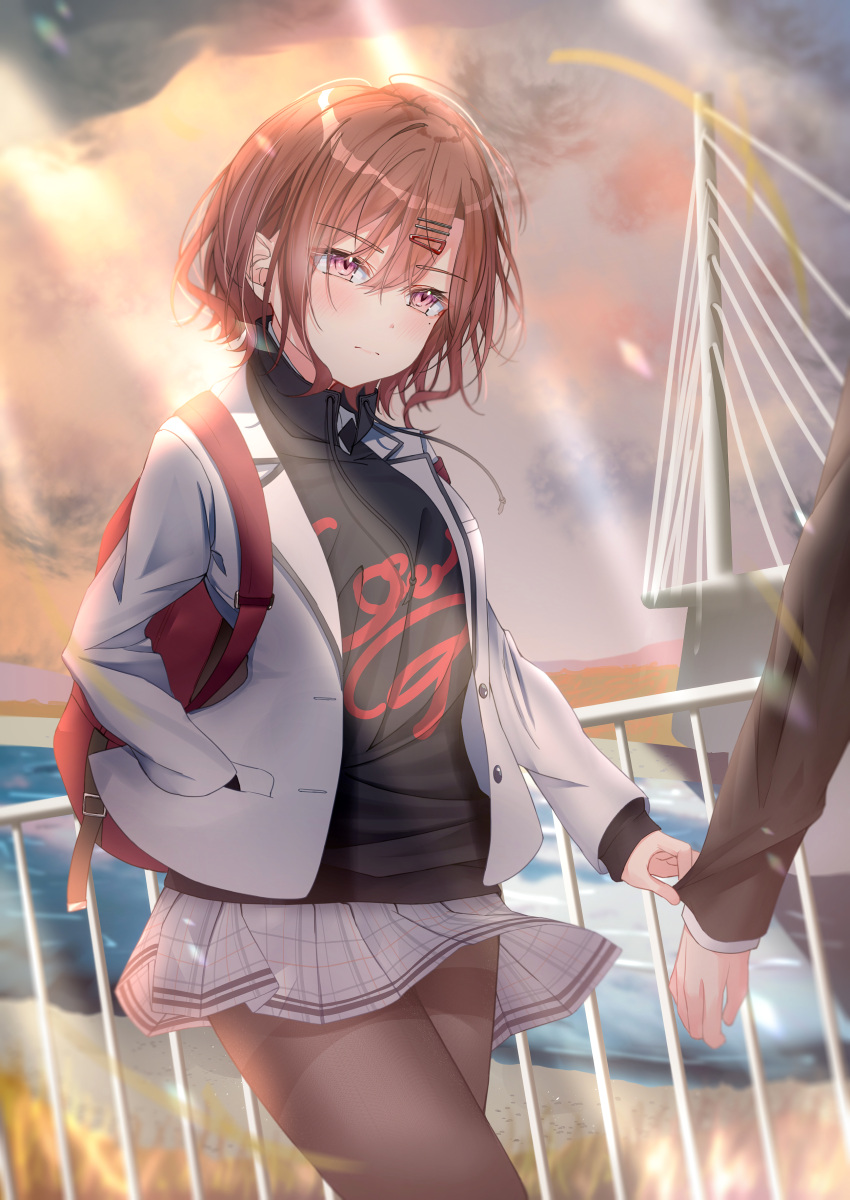 Safebooru - 1boy 1girl absurdres backpack bag bangs black jacket black legwear brown hair closed ...