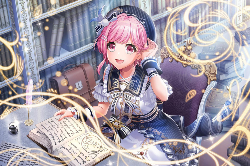 Safebooru - 1girl blush book bookshelf d4dj dress feather pen pink eyes pink hair quill pen ...