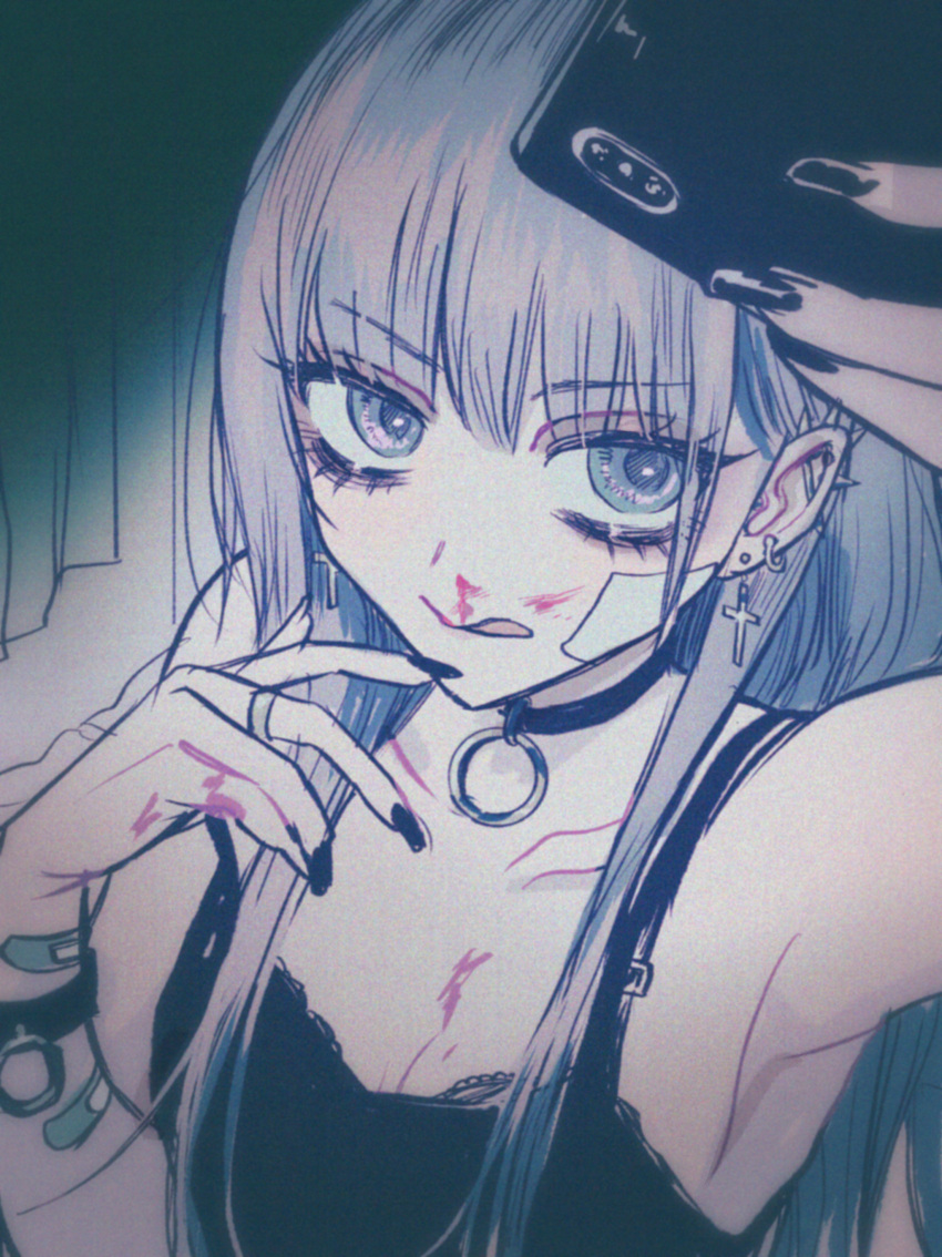 Safebooru - 1girl :p absurdres akiyama enma bandages bandaid bandaid on cheek black nails bra ...