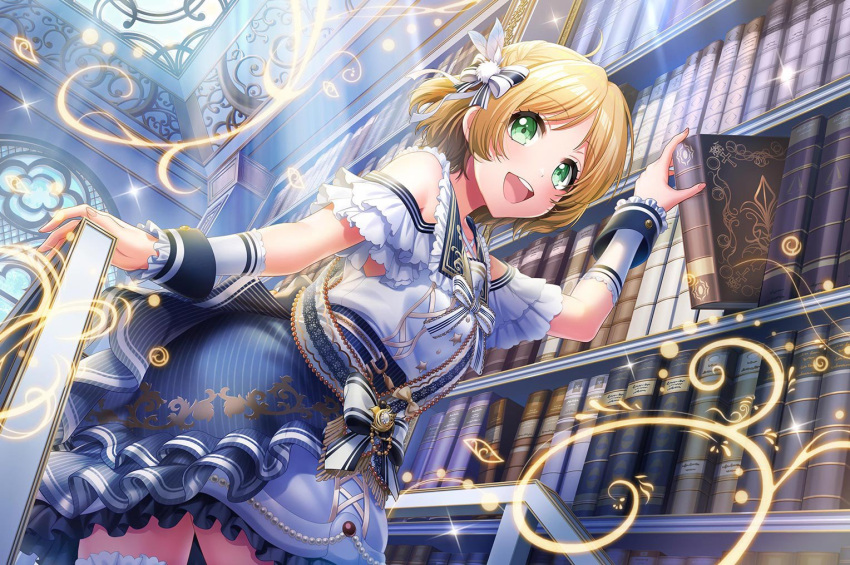 Safebooru - 1girl blonde hair blush book bookshelf d4dj dress green eyes official art short hair ...
