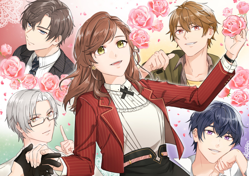 Safebooru - 1girl 4boys :d artem wing (tears of themis) bangs black gloves black jacket black ...