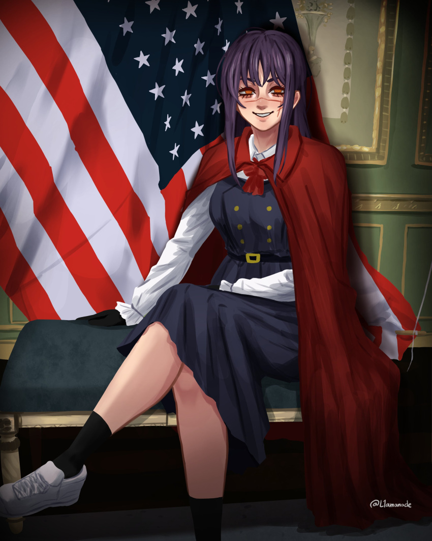 Safebooru - 1girl absurdres american flag bench black dress black ...