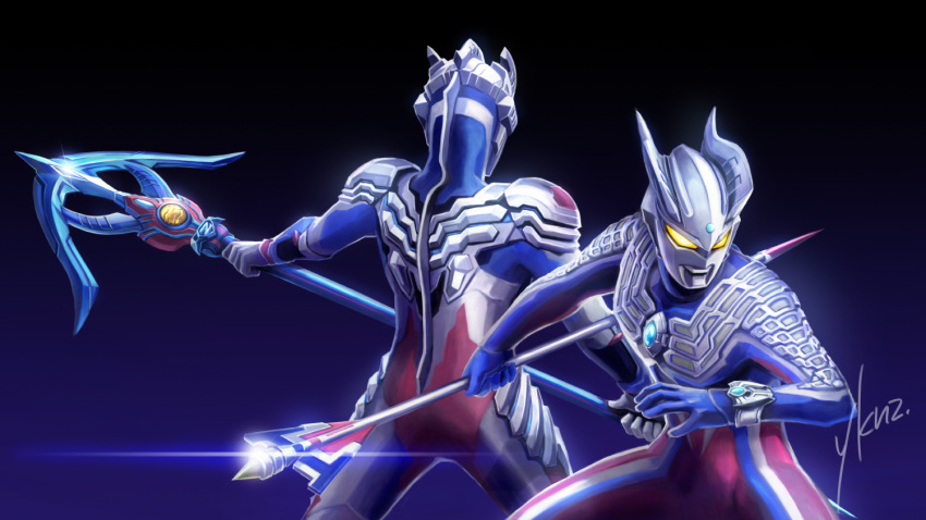 Safebooru - 2boys alien armor back-to-back black background blue ...
