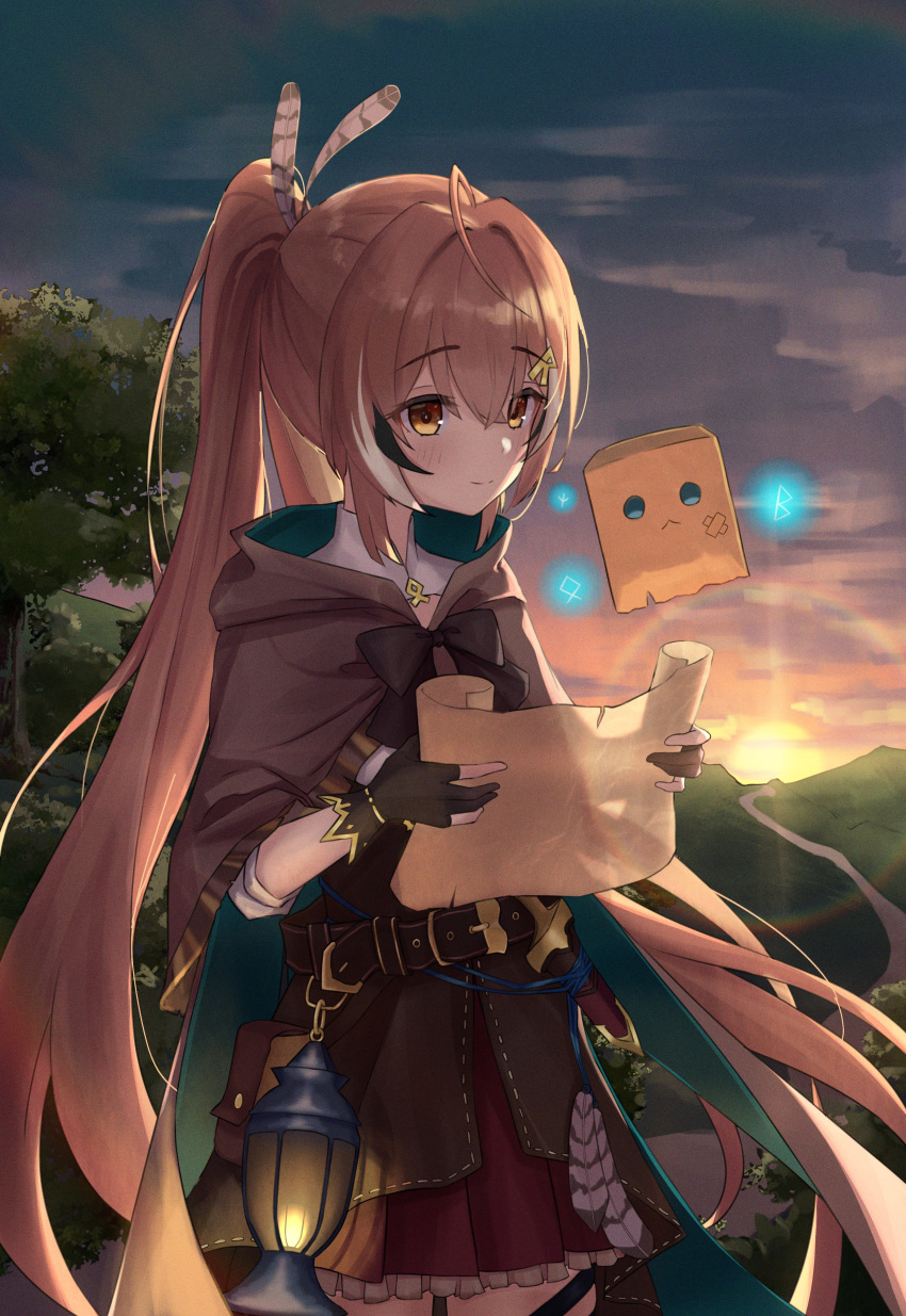 Safebooru - absurdres belt cloak clouds cloudy sky dagger dirt road ...