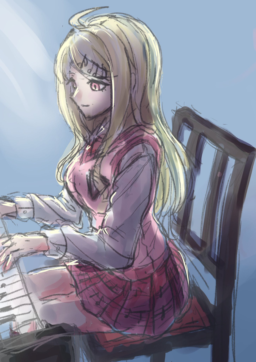 Safebooru - 1girl ahoge akamatsu kaede blonde hair breasts chair ...