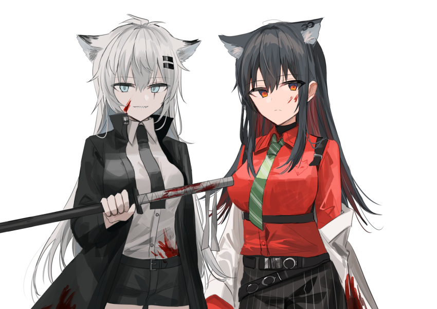 Safebooru - 2girls animal ear fluff animal ears arknights bangs black hair black jacket black ...