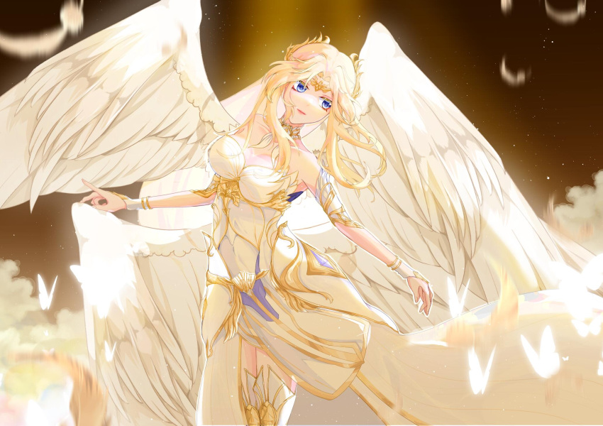 Safebooru - 1girl angel wings armor armored dress bare shoulders blonde hair blue eyes bug ...