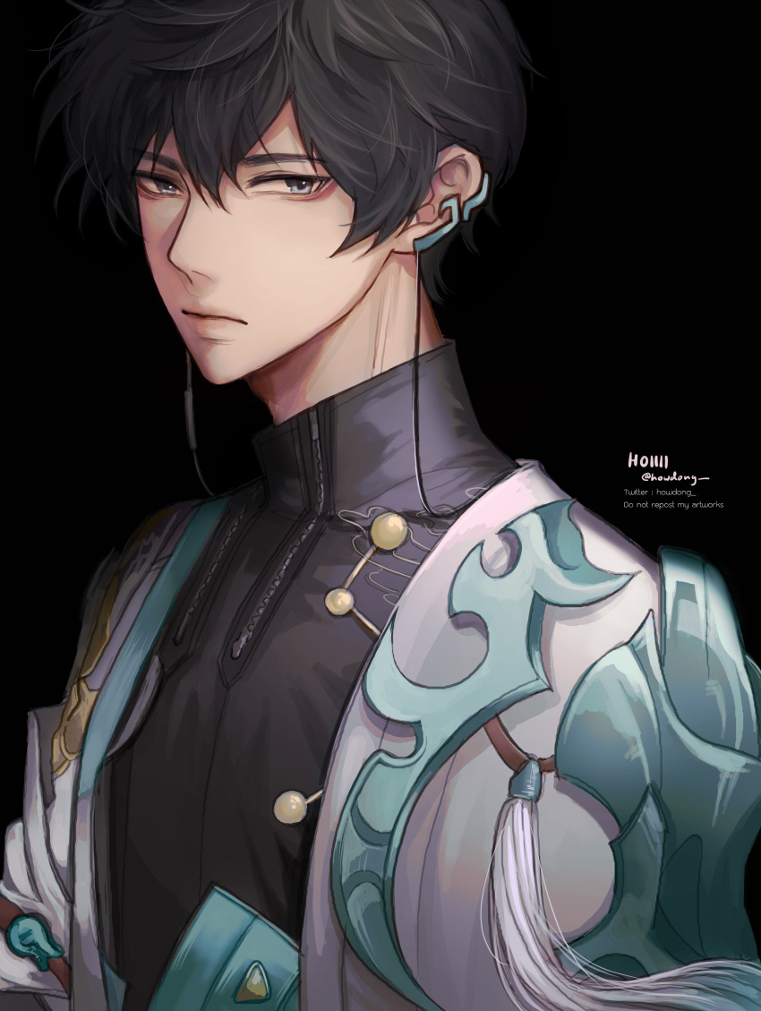 Safebooru - 1boy absurdres artist name bangs black background black hair black shirt chinese ...