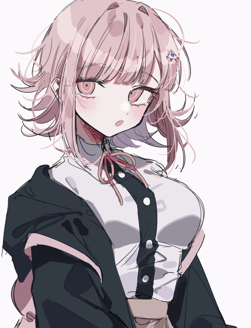 Safebooru - 1girl 3j dangan :o bangs black shirt breasts brown shirt ...