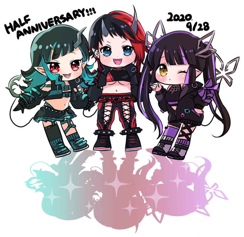 Safebooru - 3girls anniversary asymmetrical gloves bangs belt beltbra black footwear black ...