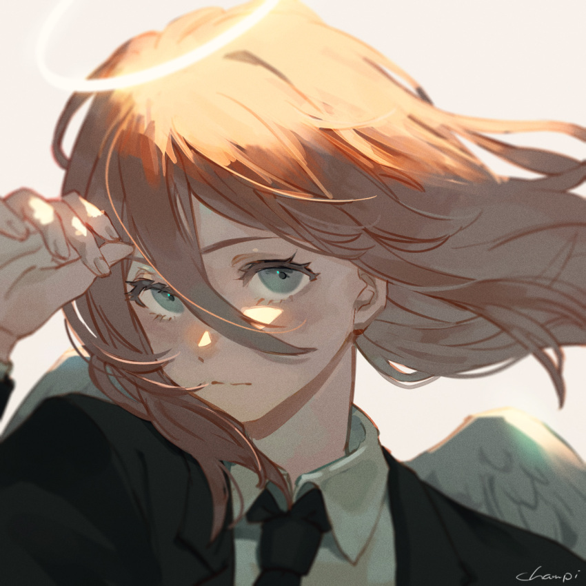 Safebooru - 1boy androgynous angel devil (chainsaw man) arm up artist name black jacket black ...