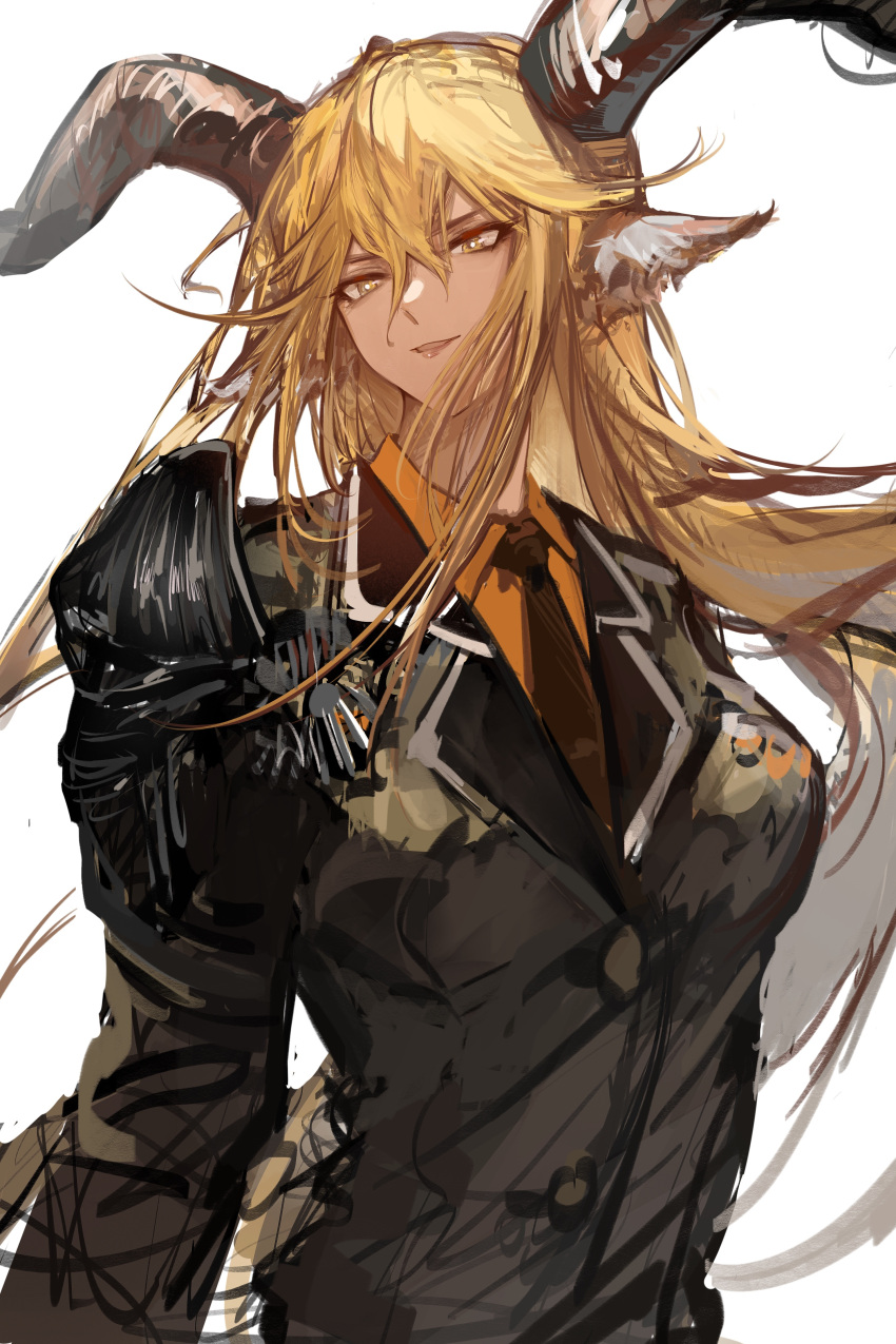 Safebooru - 1girl absurdres animal ears arknights armor bangs black necktie blonde hair breasts ...