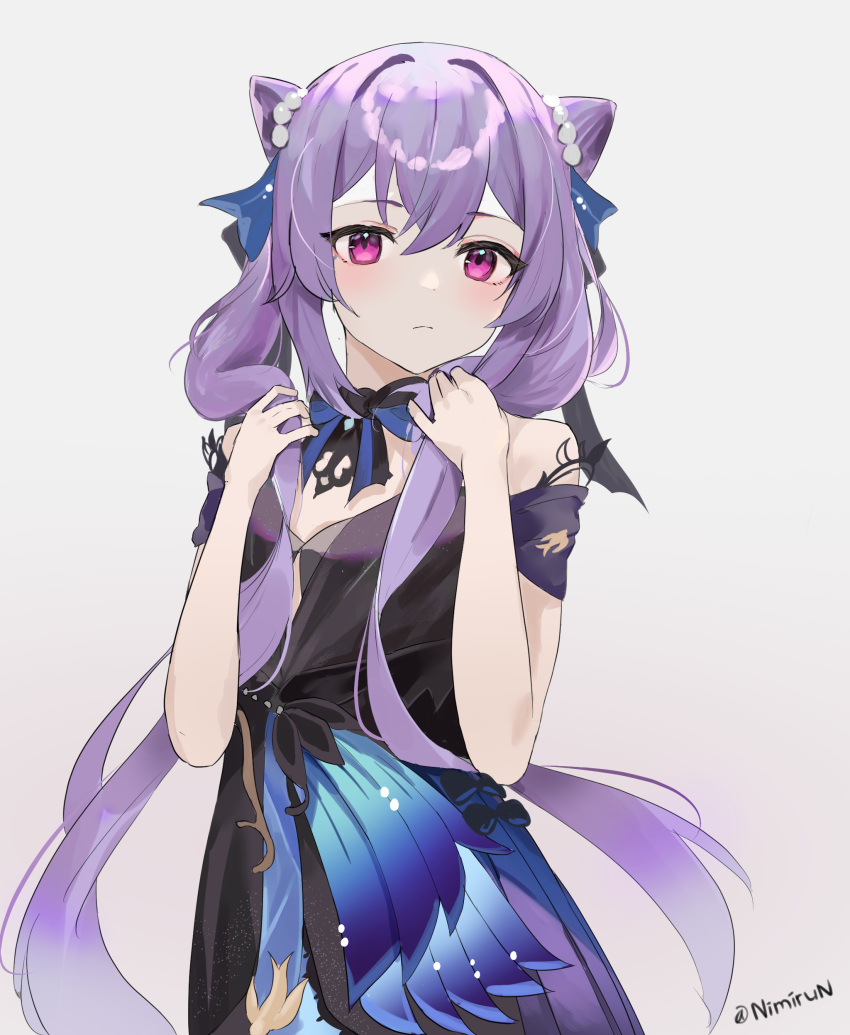 Safebooru - 1girl absurdres artist name bare shoulders beads black dress blue dress bow bowtie ...