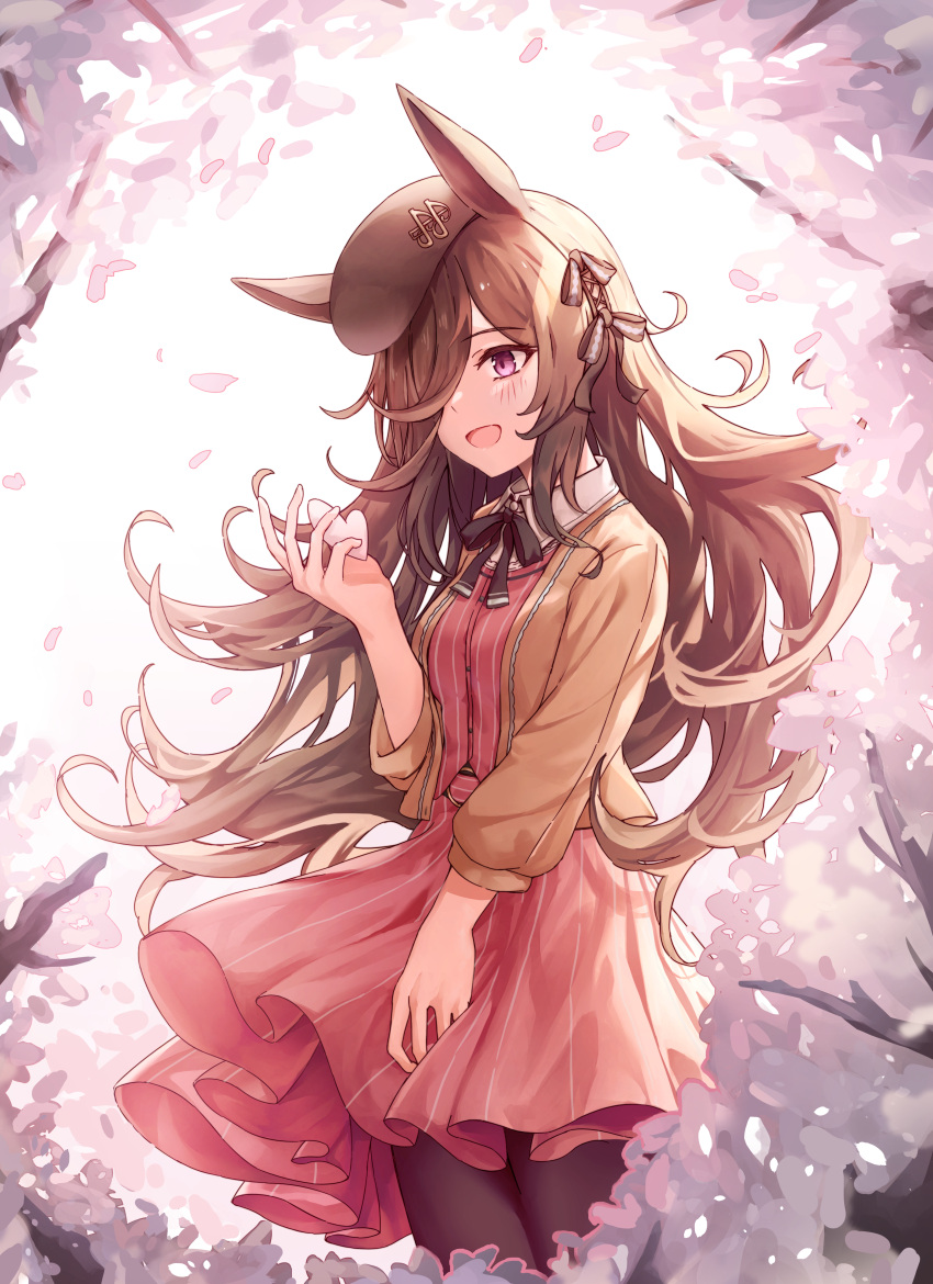 Safebooru - 1girl absurdres animal ears black headwear blush bneoul brown hair hair over one eye ...