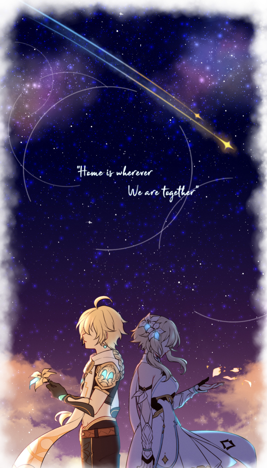 Safebooru - 1boy 1girl absurdres aether (genshin impact) ahoge bare shoulders blonde hair dress ...