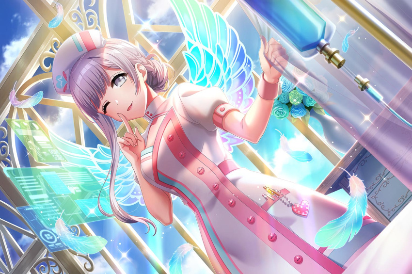 Safebooru - blush d4dj dress grey eyes izumo saki long hair nurse silver hair smile wink | 3784279