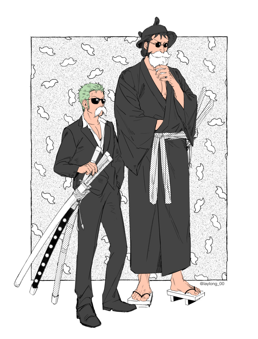 Safebooru - 2boys absurdres black hair fake facial hair formal green ...