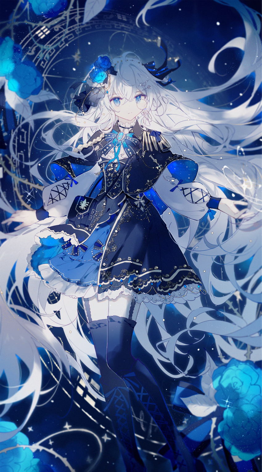 Safebooru - 1girl absurdres bangs black footwear blue eyes blue flower ...