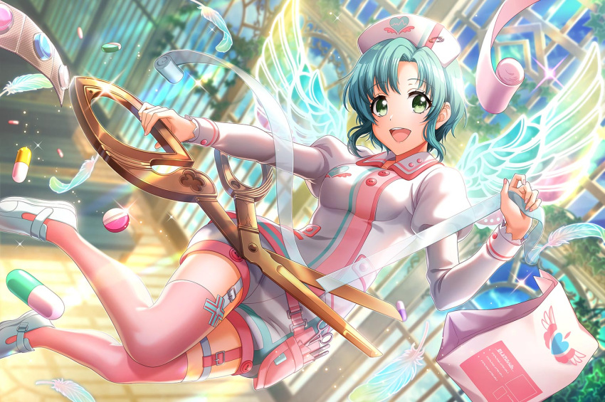 Safebooru - 1girl blush d4dj dress green eyes green hair hanamaki towa nurse official art short ...