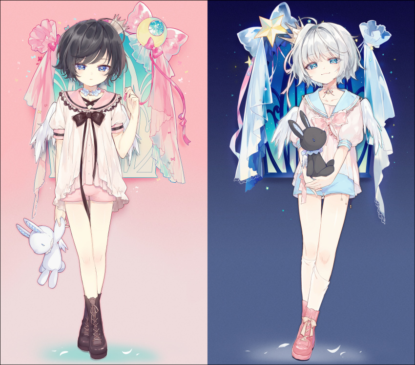 Safebooru - 2boys absurdres androgynous bishounen black hair blue eyes highres male focus ...