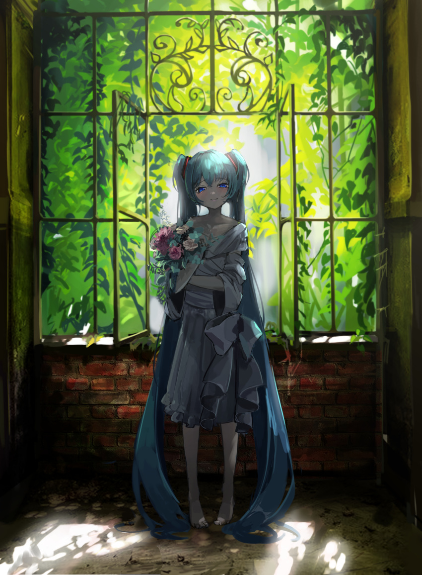 Safebooru - 1girl absurdly long hair absurdres aqua hair bangs barefoot blue eyes blush bouquet ...
