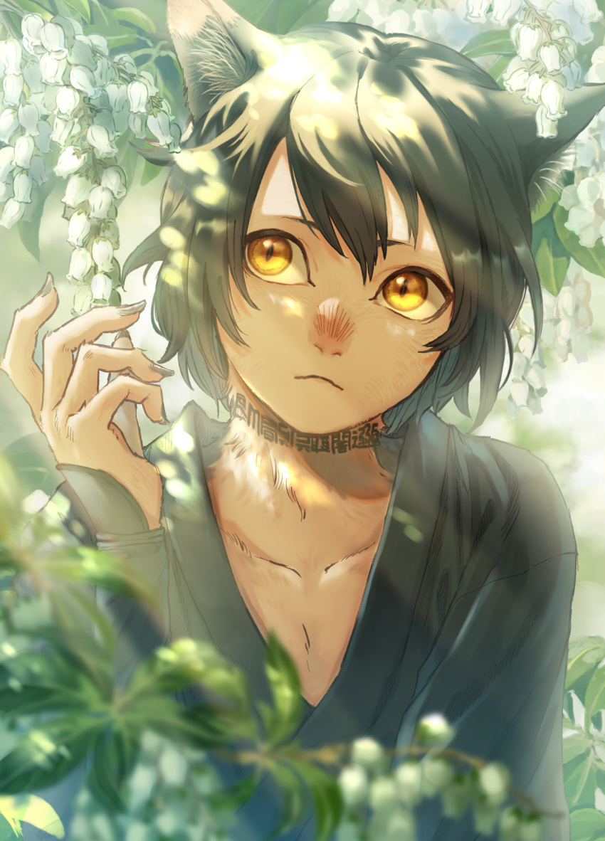 Safebooru - 1girl animal ears black hair black nails black shirt cat ...