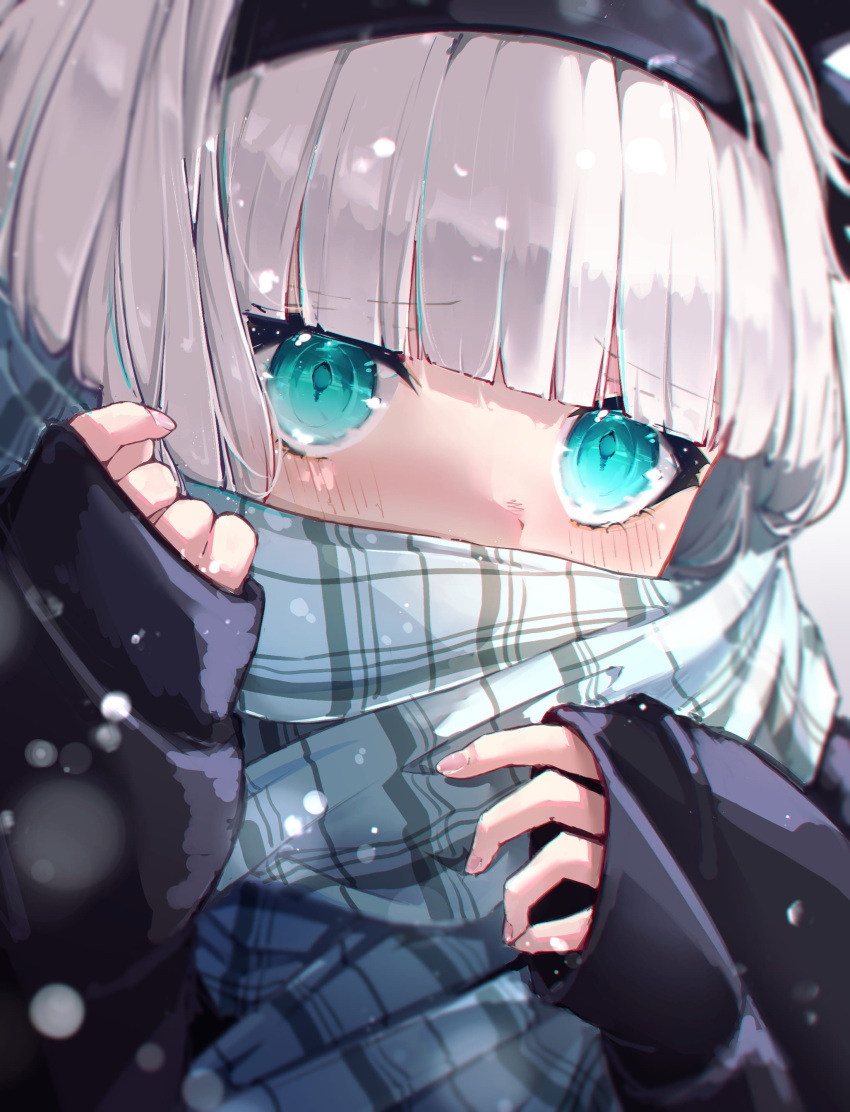 Safebooru - 1girl absurdres black bow black hairband black ribbon blue eyes blue scarf bob cut ...
