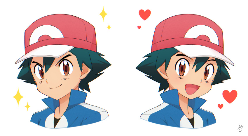 Safebooru - 1boy :d ash ketchum bangs baseball cap black shirt blue jacket brown eyes closed ...