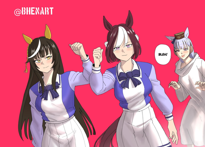 Safebooru - 3girls animal ears arm at side arm up bhenart blush bow ...