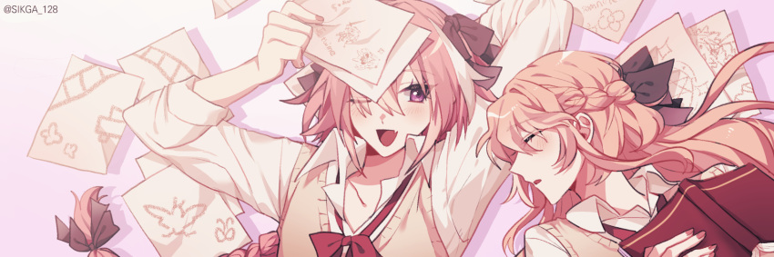 Safebooru - 1boy 1girl :d astolfo (fate) black bow blush book bow braid closed eyes collarbone ...