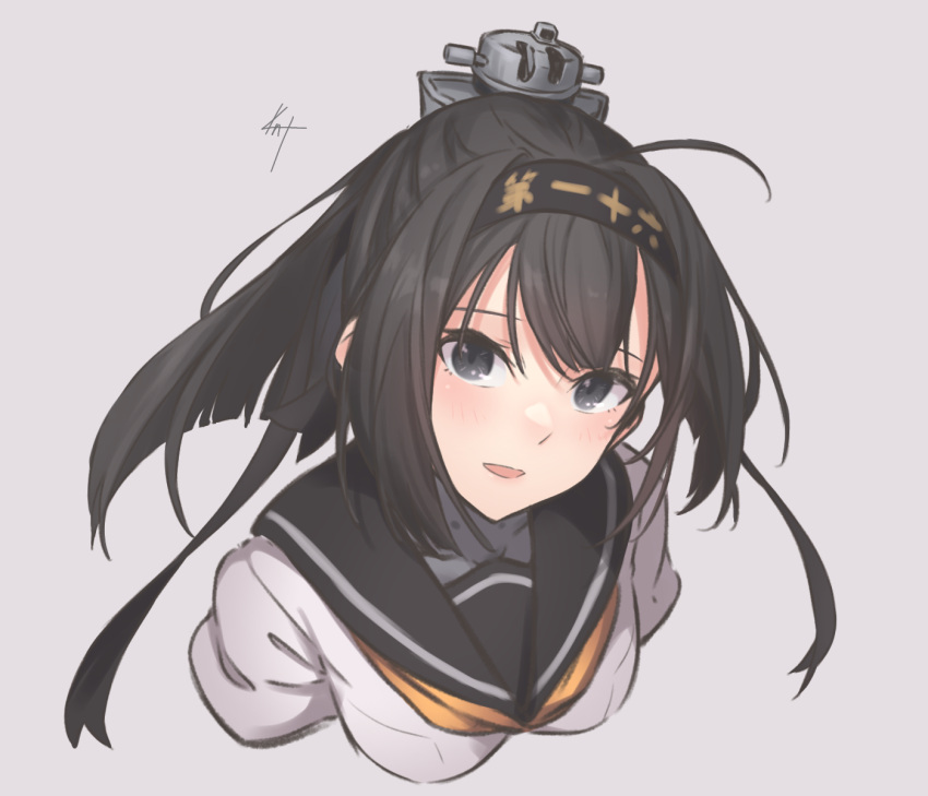 Safebooru - 1girl ahoge akizuki (kancolle) black hair black headband clothes writing grey ...