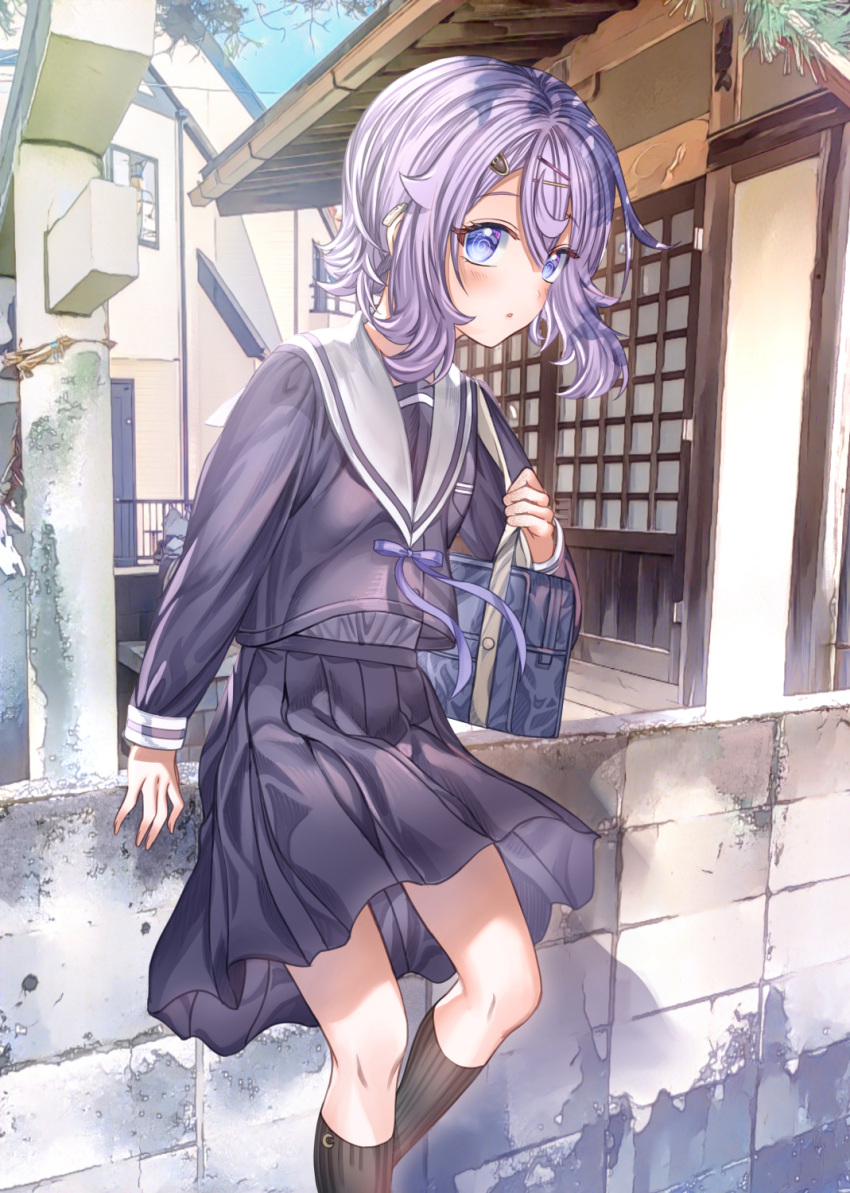 Safebooru - 1girl :o @ @ aldehyde bag bangs black serafuku black shirt black skirt black socks ...