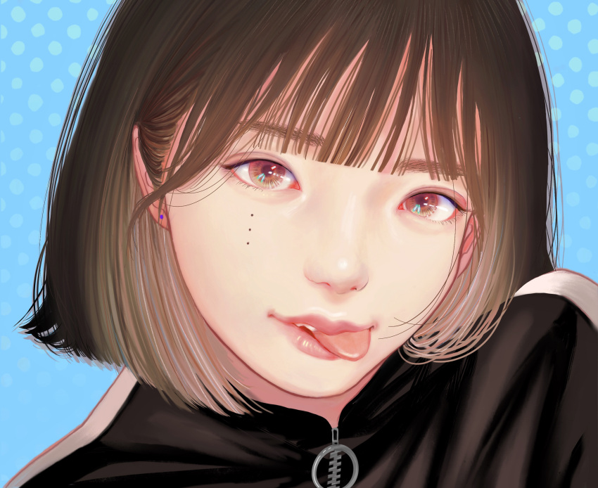 Safebooru - 1girl absurdres bangs black shirt blue background blunt bangs brown hair chihiro ...