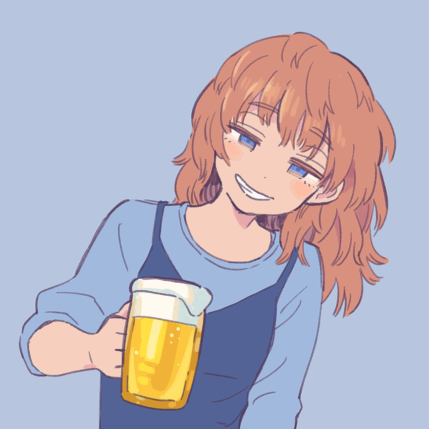 Safebooru - 1girl alcohol beer beer mug blue eyes blue shirt commentary ...