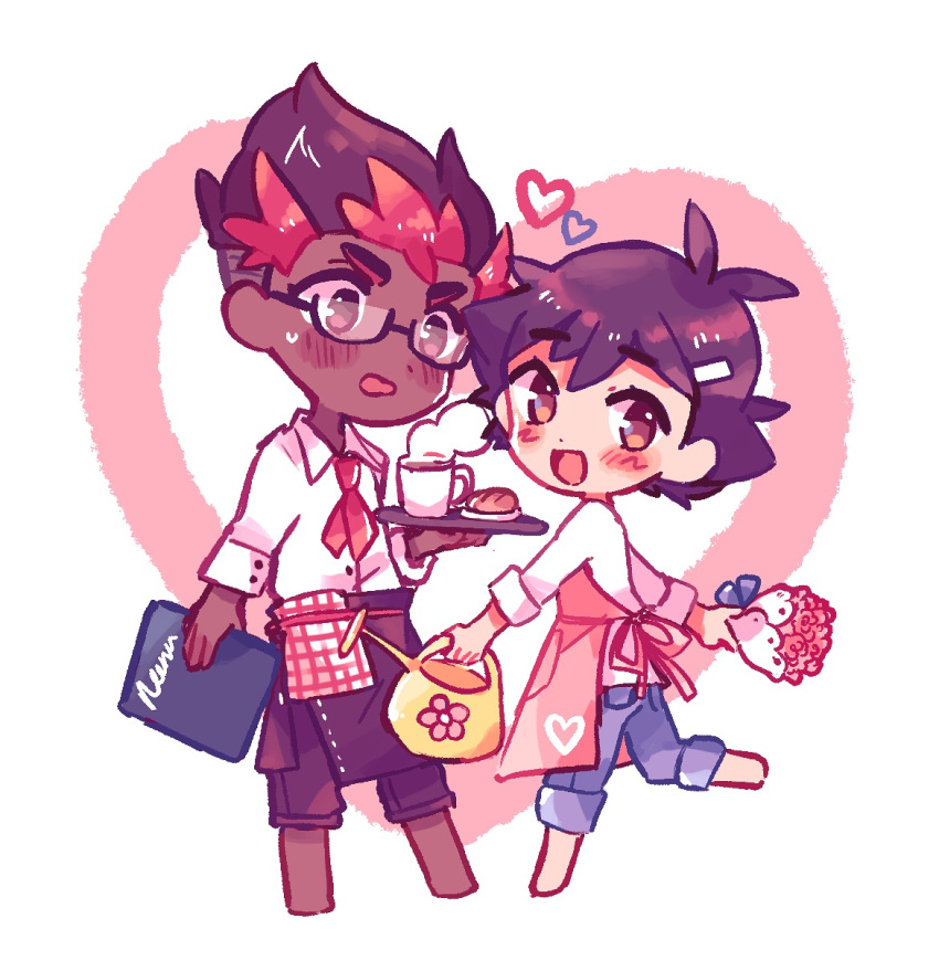 Safebooru - 2boys :d alternate costume antenna hair apron ascot ash ketchum bangs bespectacled ...