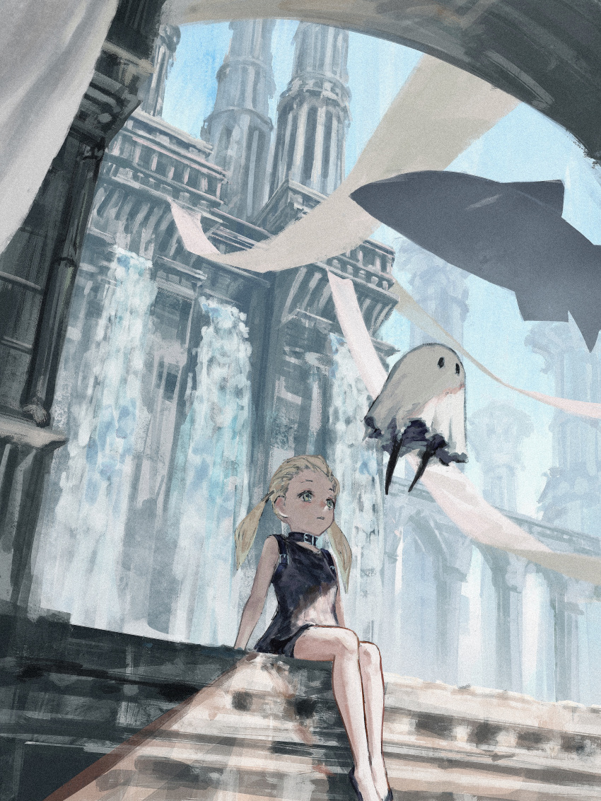 Safebooru - 1girl absurdres bare legs black dress black footwear blonde hair blue eyes building ...