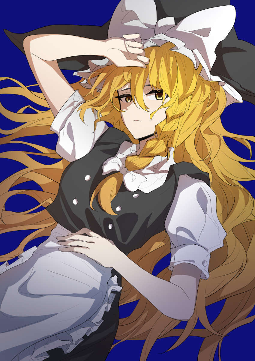 Safebooru - 1girl absurdres apron bangs black dress black headwear blonde hair blue background ...