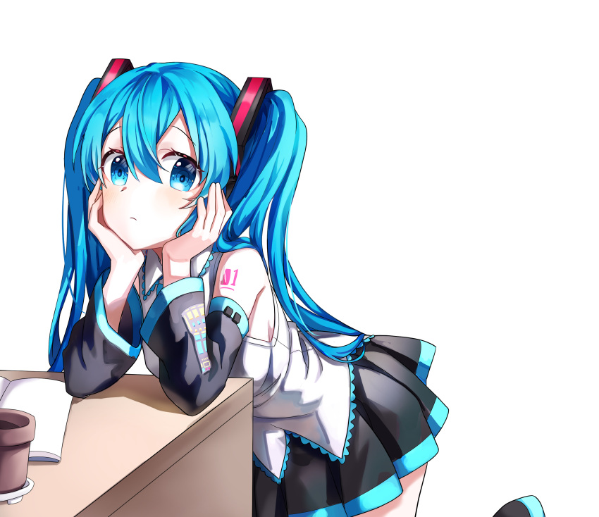 Safebooru - 1girl 39 absurdres aqua eyes aqua hair black legwear boots detached sleeves hair ...