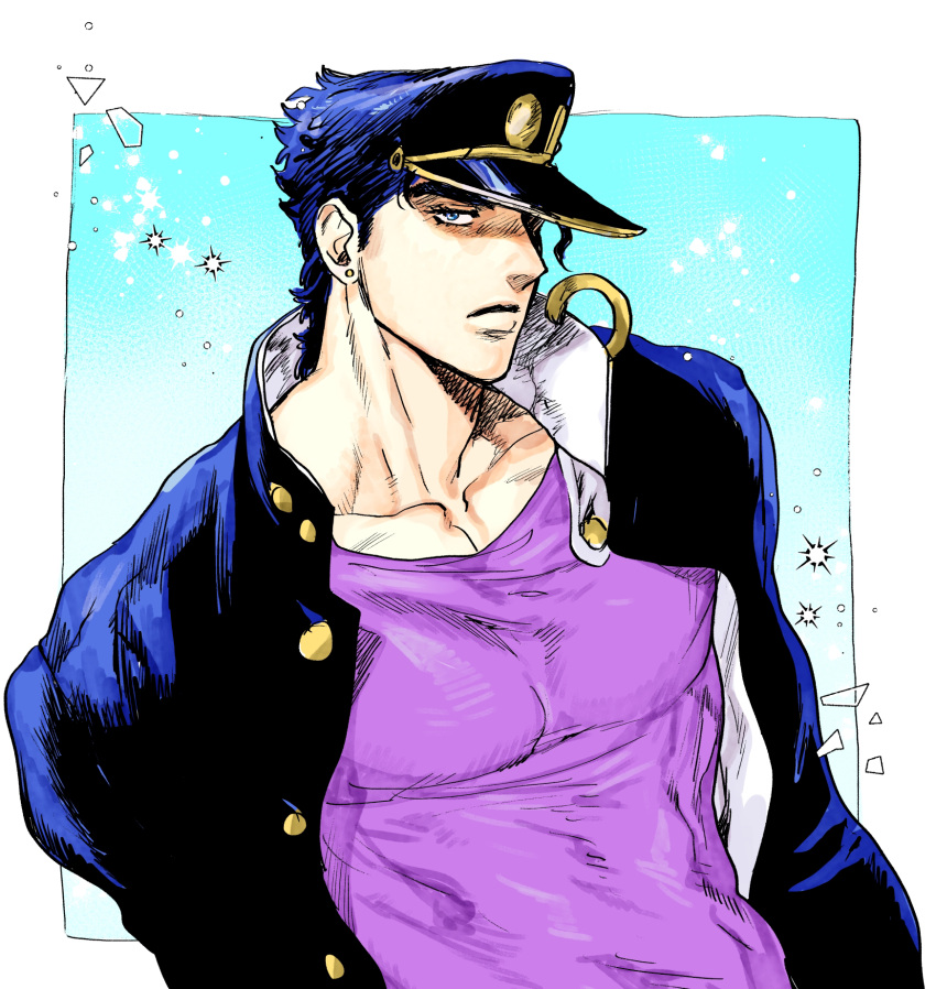 Safebooru - 1boy black hair blue eyes blue hair chain gakuran hat ...