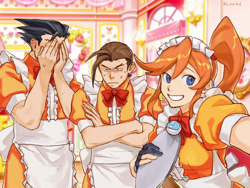 Safebooru - 1girl 2boys ace attorney annoyed antenna hair apollo justice apron artist name ...